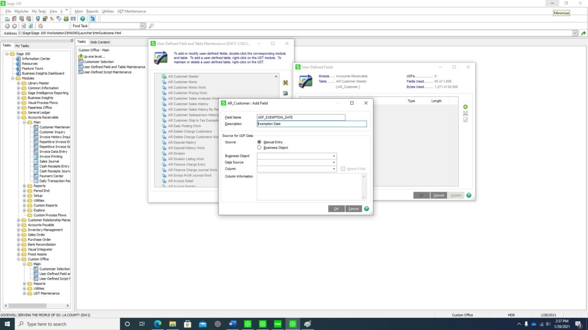 Sage 100Cloud - How to add a simple customer User Defined Field (UDF) - CASERV